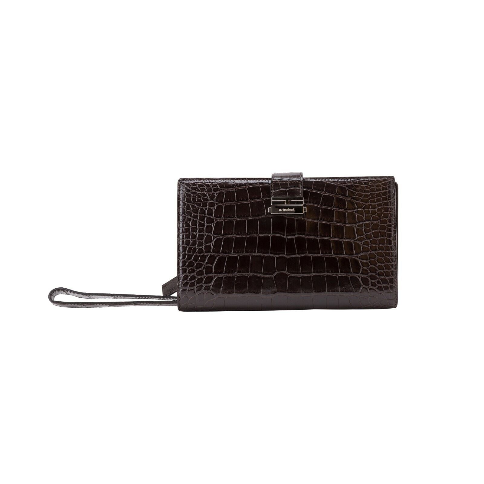 $4200 Testoni Bologna Chocolate Clutch Bag Travel Wallet Genuine Allig